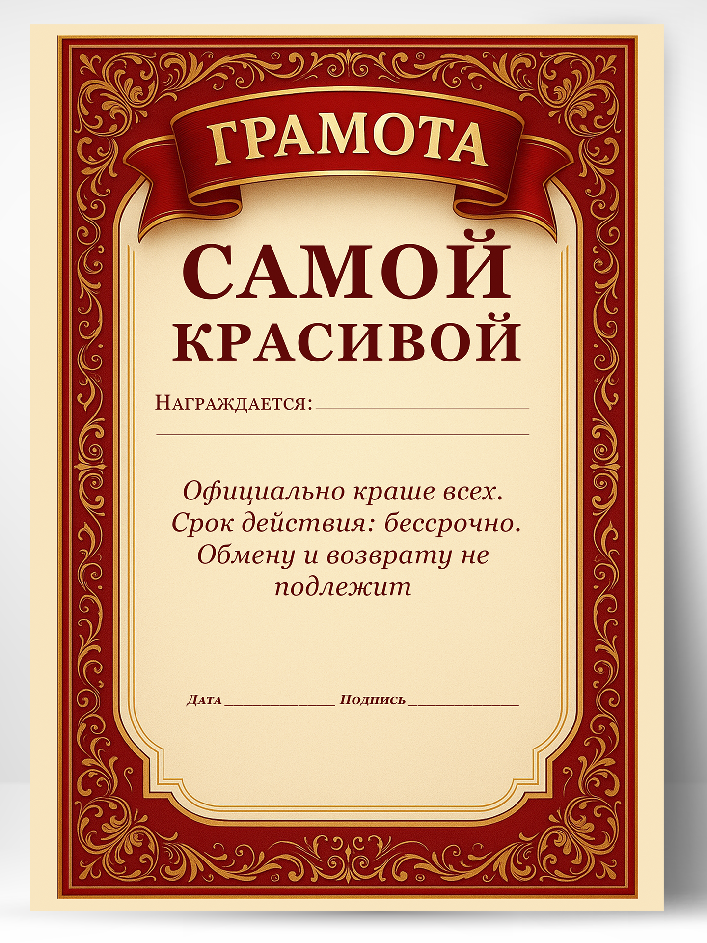 Грамота диплом в подарок - Самой красивой