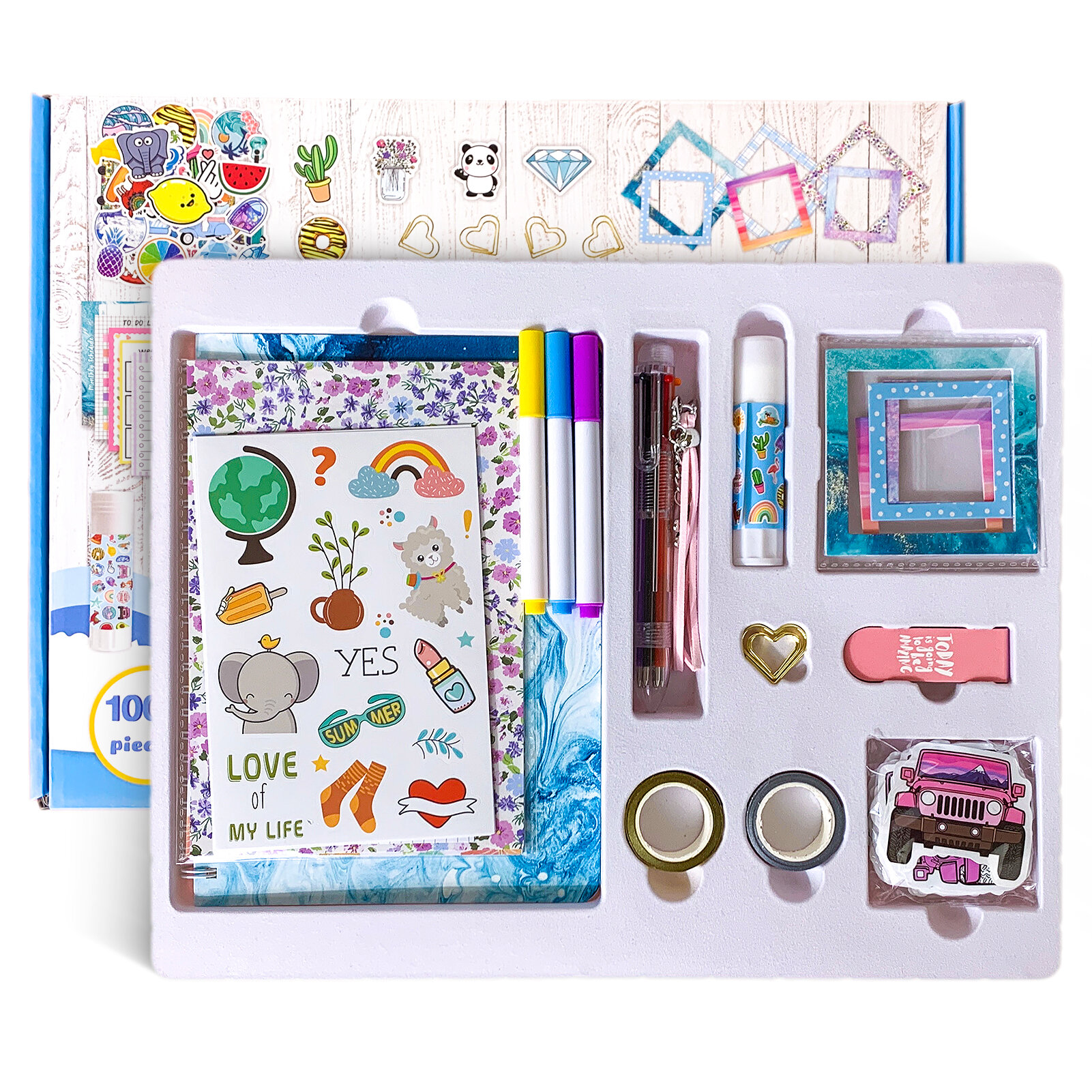 DIY Journal Kit Planner Notebook Scrapbook & Diary Supplies Set Sticker/Paper Clip/Picture Frame/Glittery Tape/Magnetic Bookmark для девочек 8-14 лет, 70-страничный блокнот, 50 наклеек, 5 листов схем, 6 рамок, 10 листов для скрапбука, 2 глиттерные ленты,