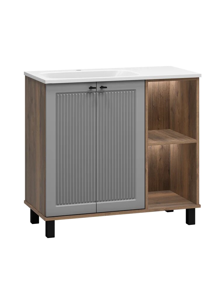 Тумба под раковину без столешницы Brevita Lumus 90 L напольная, с ножками, темное дерево, серая, матовая, из МДФ, тумба для ванной, с ящиками, с дверками