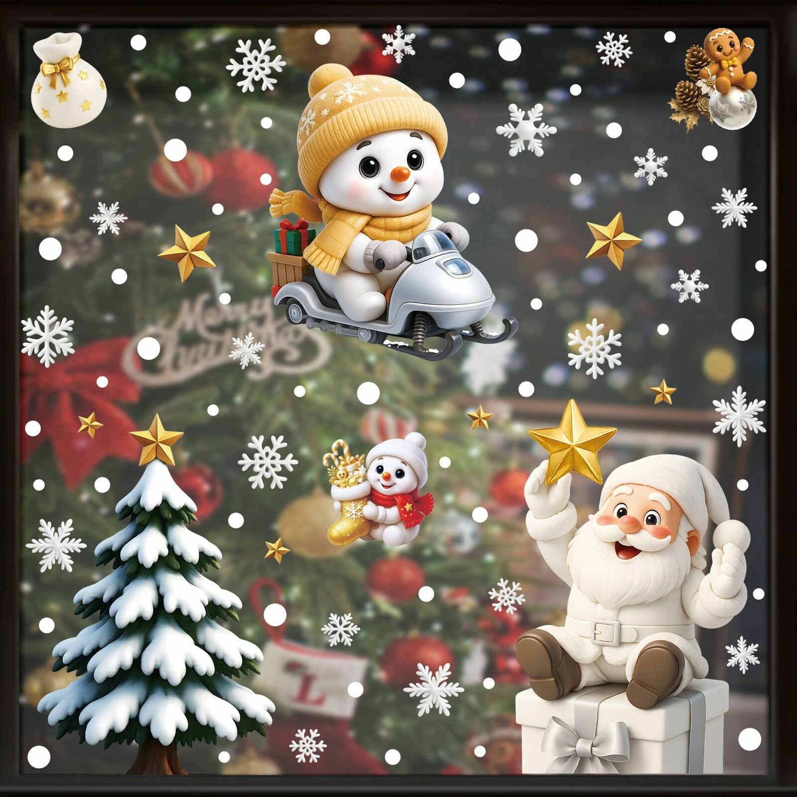 Рождественские украшения, наклейки на окна с изображением Санта-Клауса, наклейки на окна с изображением рождественских снежи