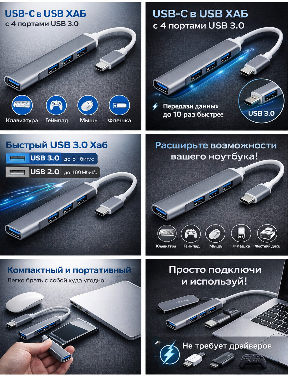 USB-C хаб на 4 USB 3.0 порта для ноутбука, MacBook, Windows, Linux