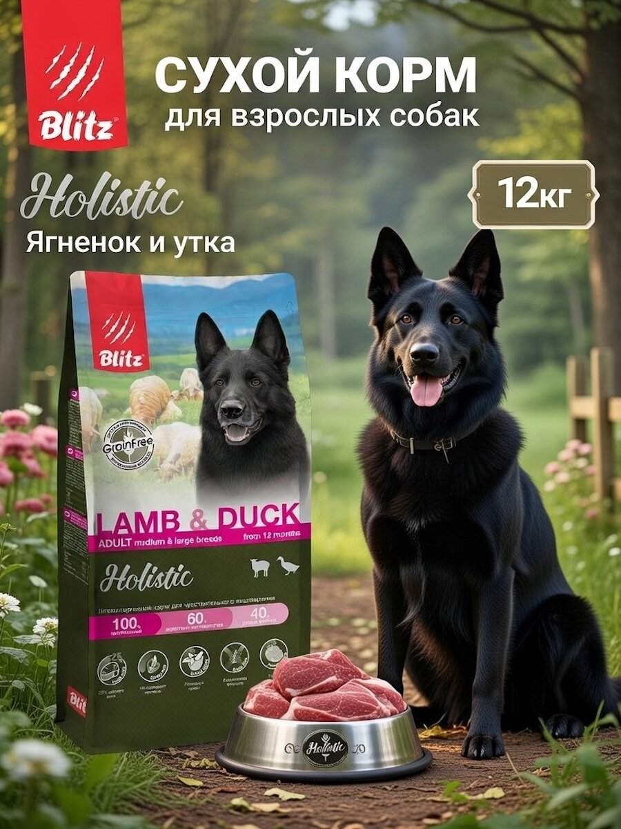 Сухой корм с ягненком и уткой Blitz Holistic Lamb & Duck для взрослых собак средних и крупных пород 12 кг