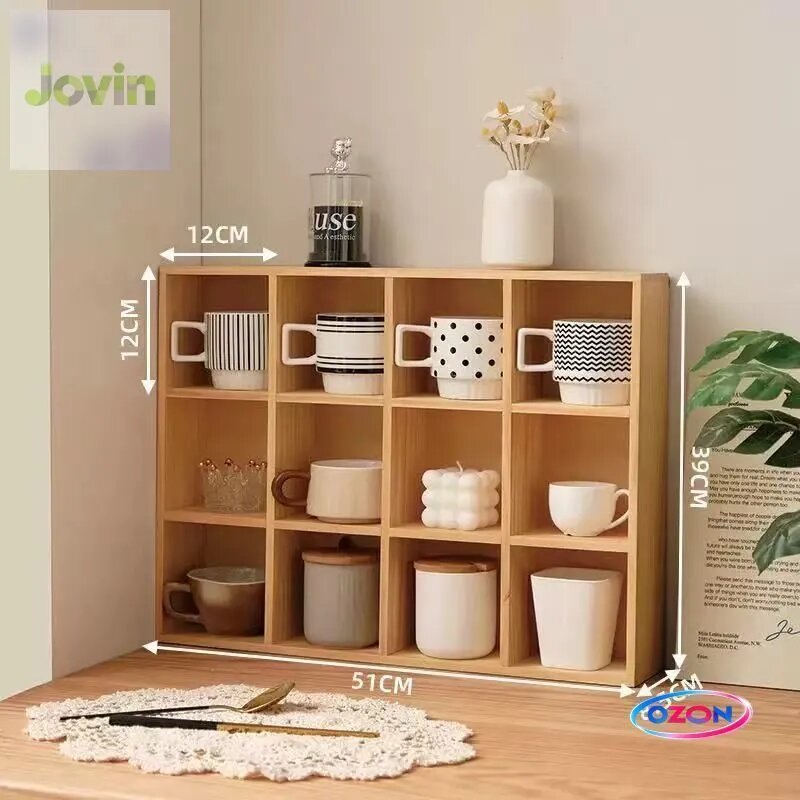 Деревянный органайзер для кружек и посуды, 12 ячеек, 51×12×39 см, настольная полка