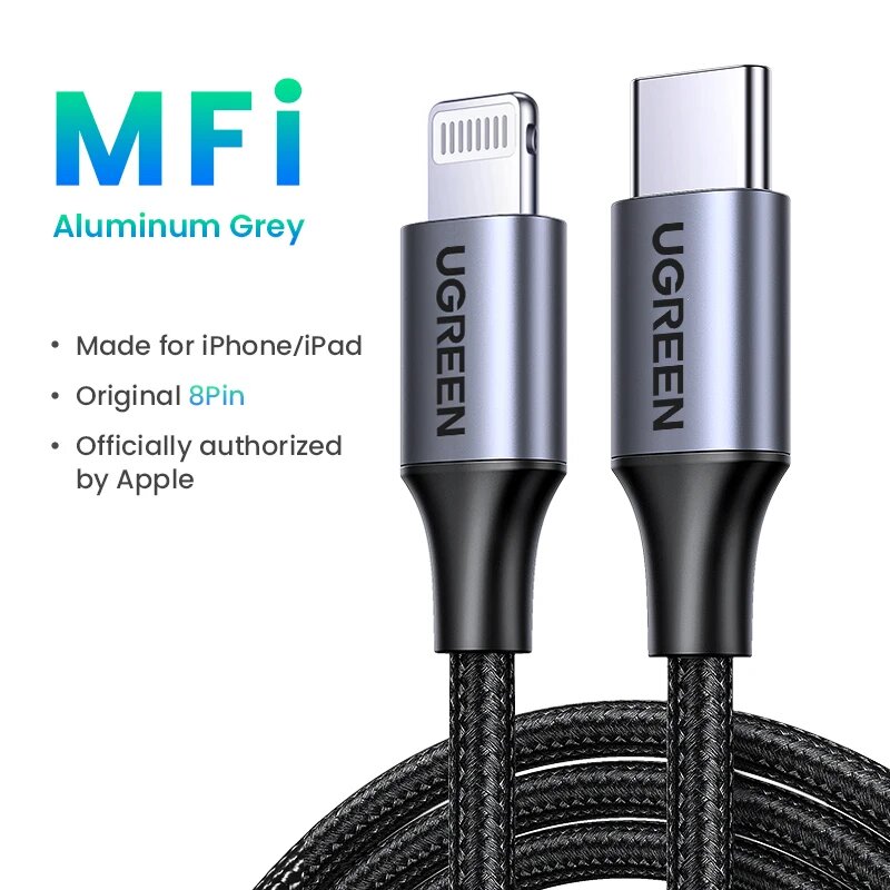 Ugreen MFI PD20W USB C To Lightning Кабель для быстрой зарядки для iPhone 14 13 1 м, Braided Black