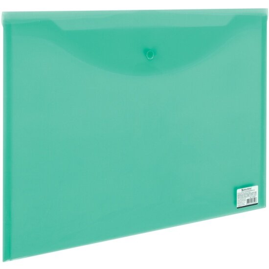 Папка-конверт Brauberg с кнопкой большого формата (305х435 мм), А3, прозрачная, зеленая, 0,18 мм, , 224033