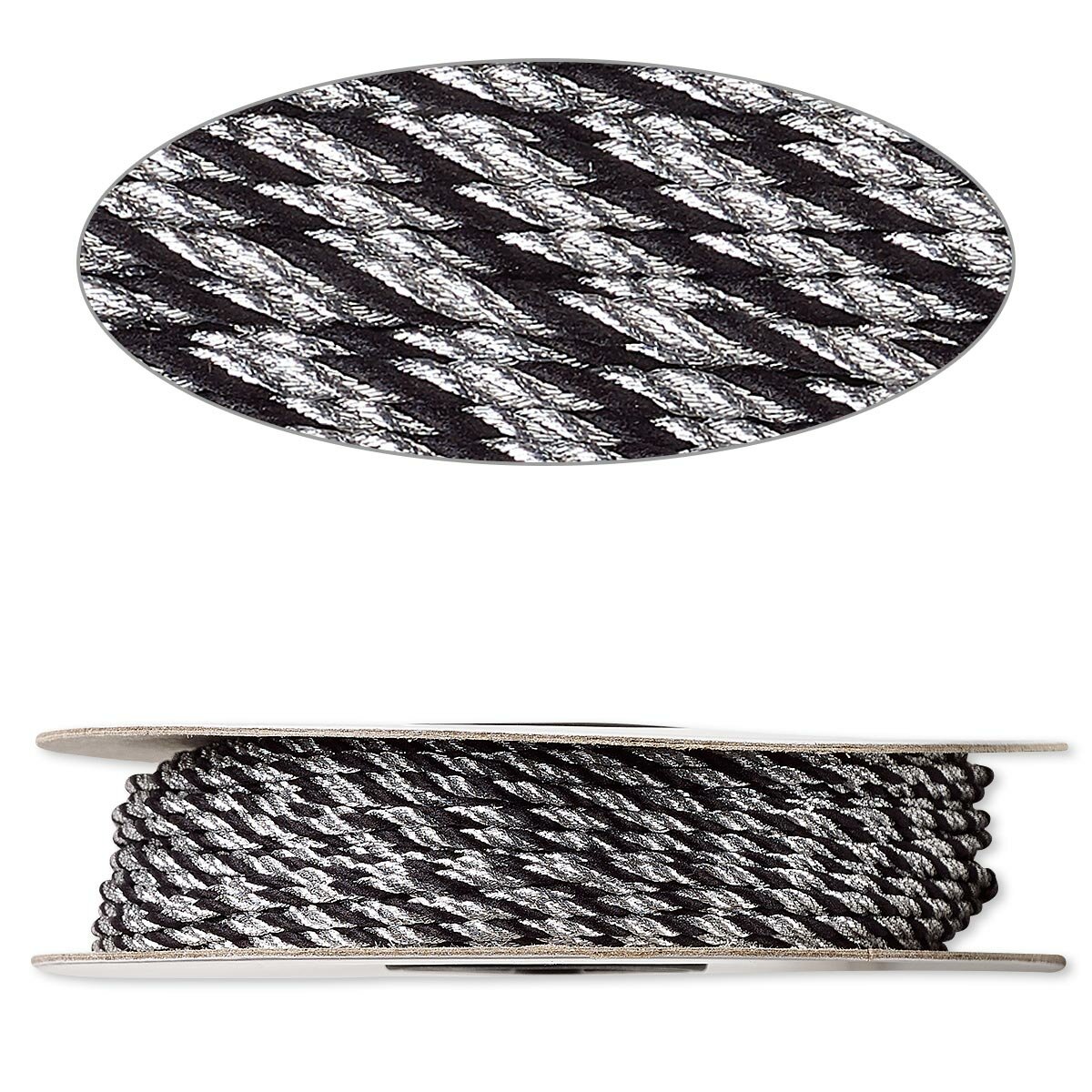 Шнур синтетический нейлоновый, около 2мм, витой, черно-серебристый, 2 метра
