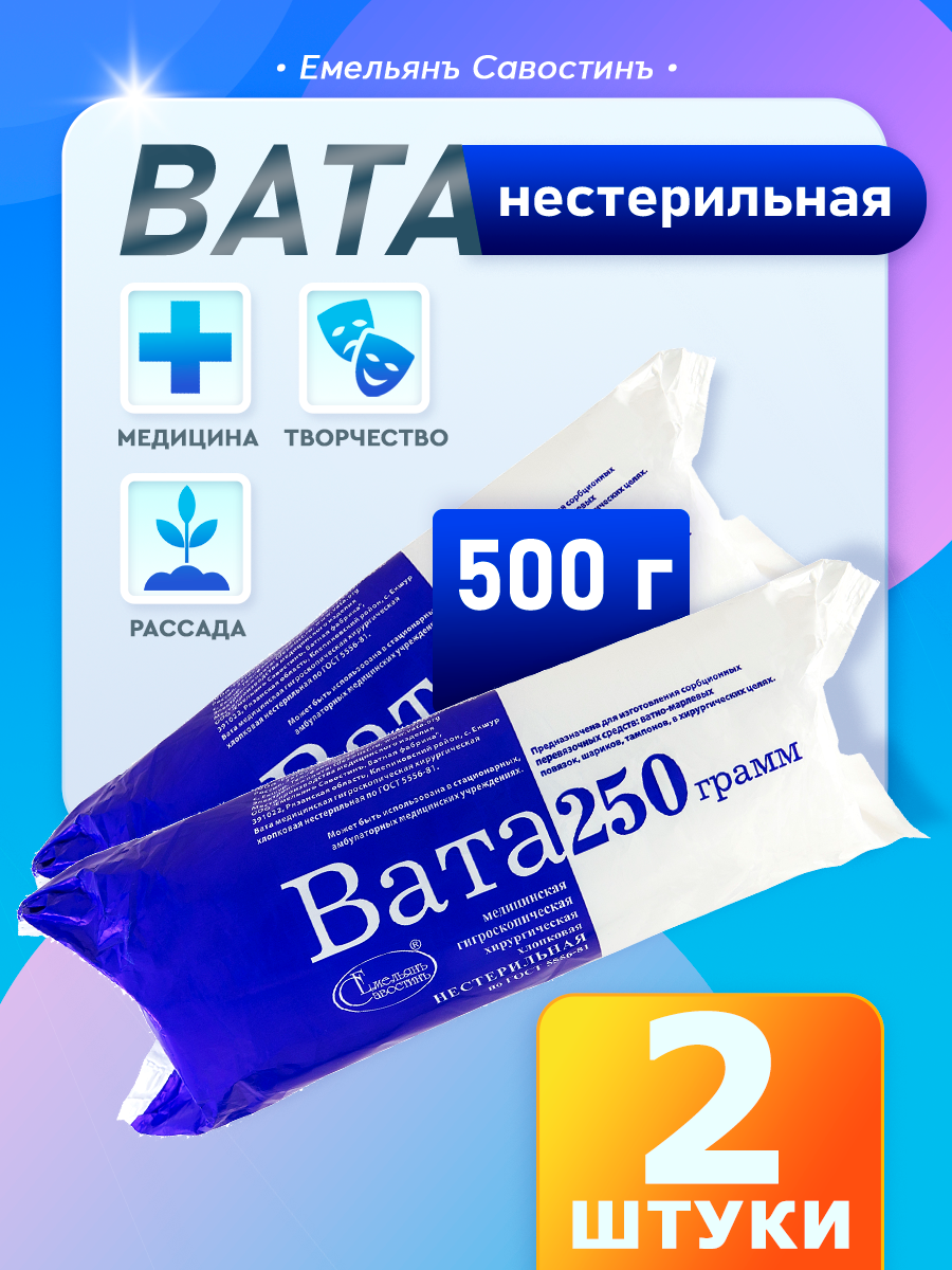 Вата медицинская Емельянъ Савостинъ, гигроскопичная нестерильная, хлопок 100%, 250 г, 2 шт
