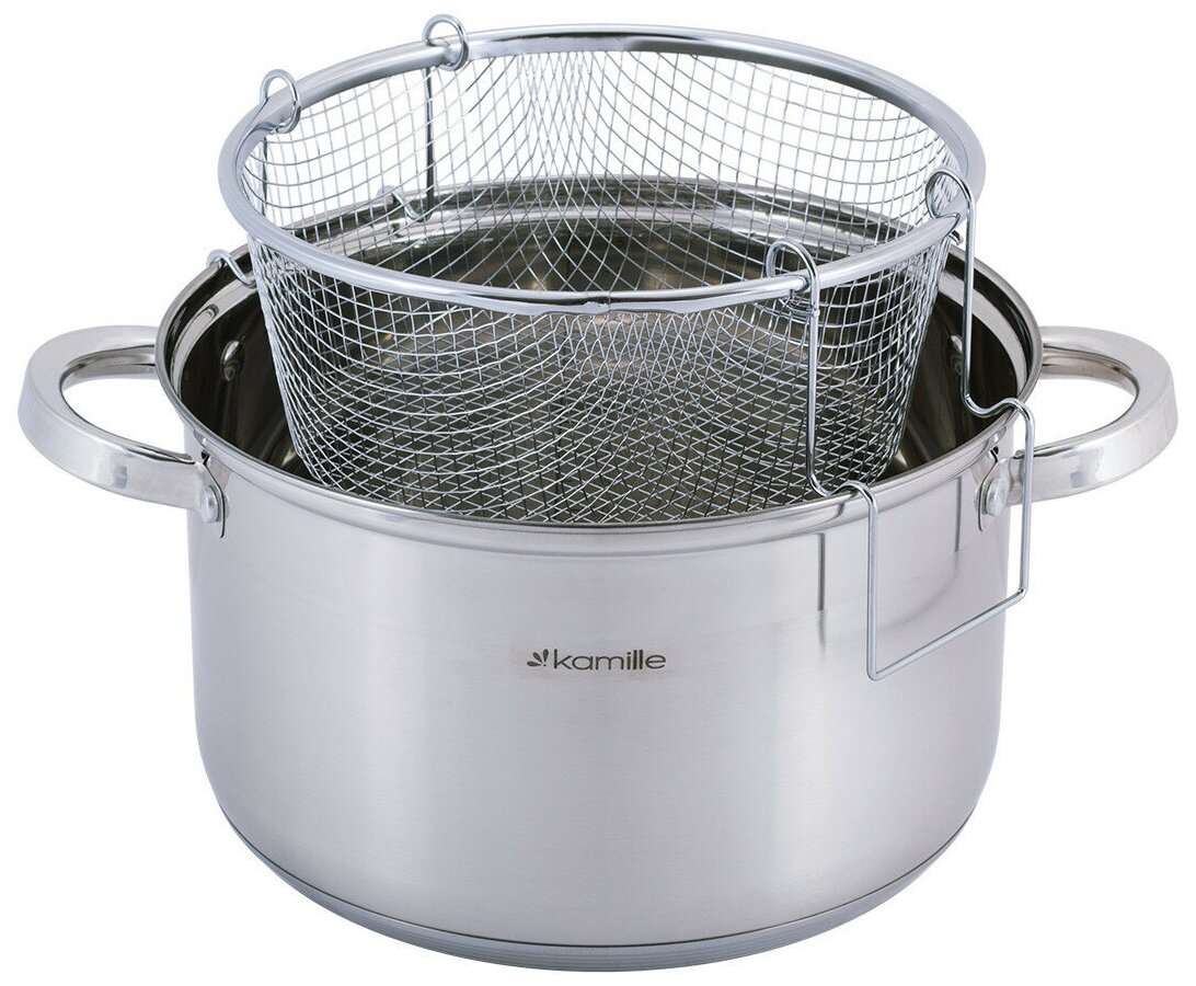 Кастрюля 6,5 л. с сеткой для фритюра Kamille KM-5625S из нержавеющей стали (серебристый)