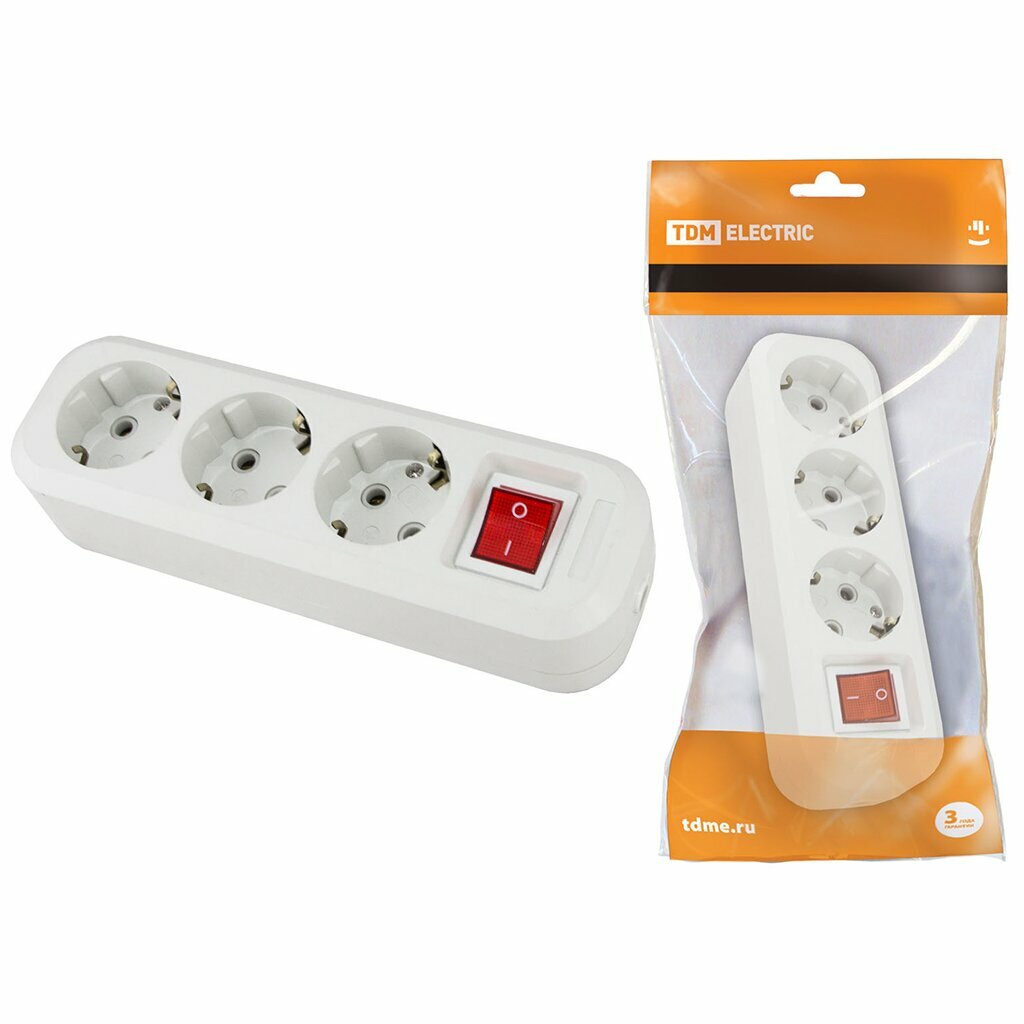 Колодка розеточная 3 гнезда, 2 + 3, с заземлением, 16 А, 250 В, выключатель, белый, TDM Electric, SQ1806-0017