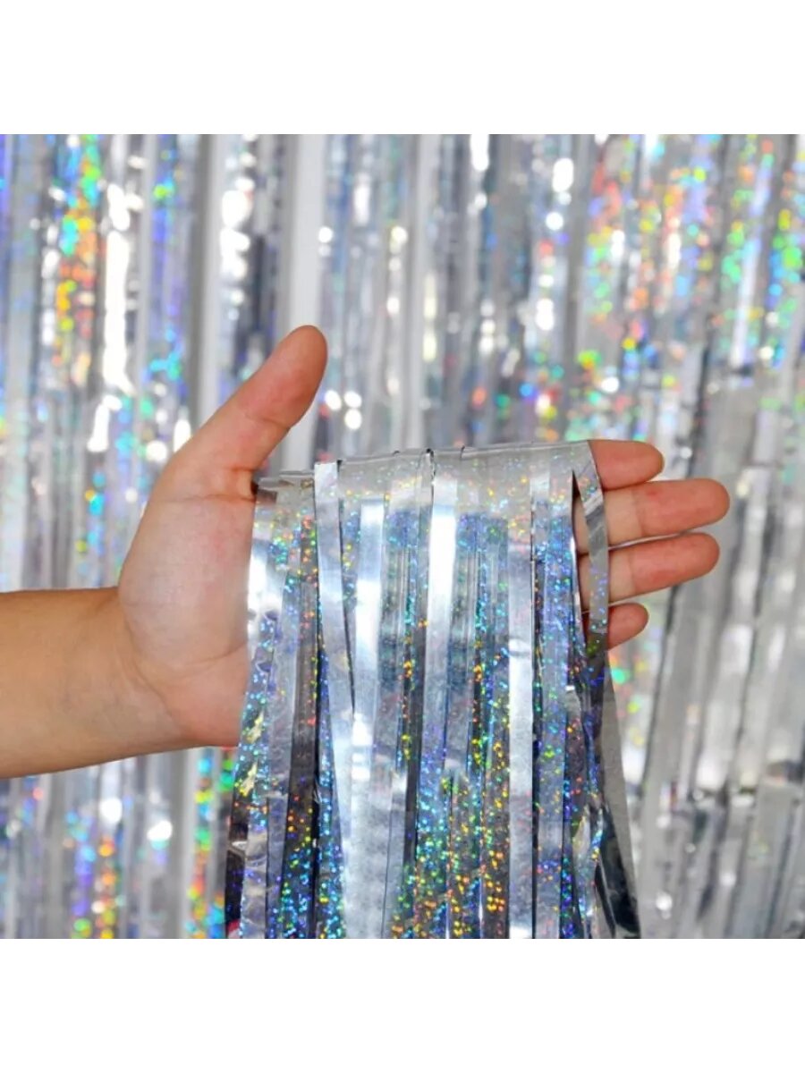 Занавес Дождик Лазерный, Серебро, Голография, 100*200 см, 1 шт.
