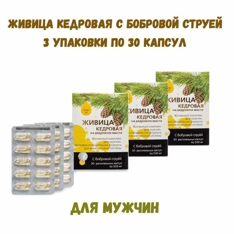 Живица кедровая на кедровом масле с бобровой струёй для мужчин, 3 упаковки по 30 капсул, пищевая добавка