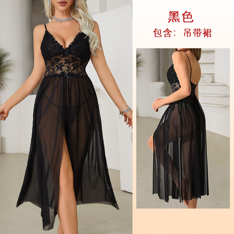 Сексуальное женское белье больших размеров, сексуальная сетчатая кружевная пижама с разрезом, юбка на подтяжках, длинная домашняя одежда, ночная рубашка 681