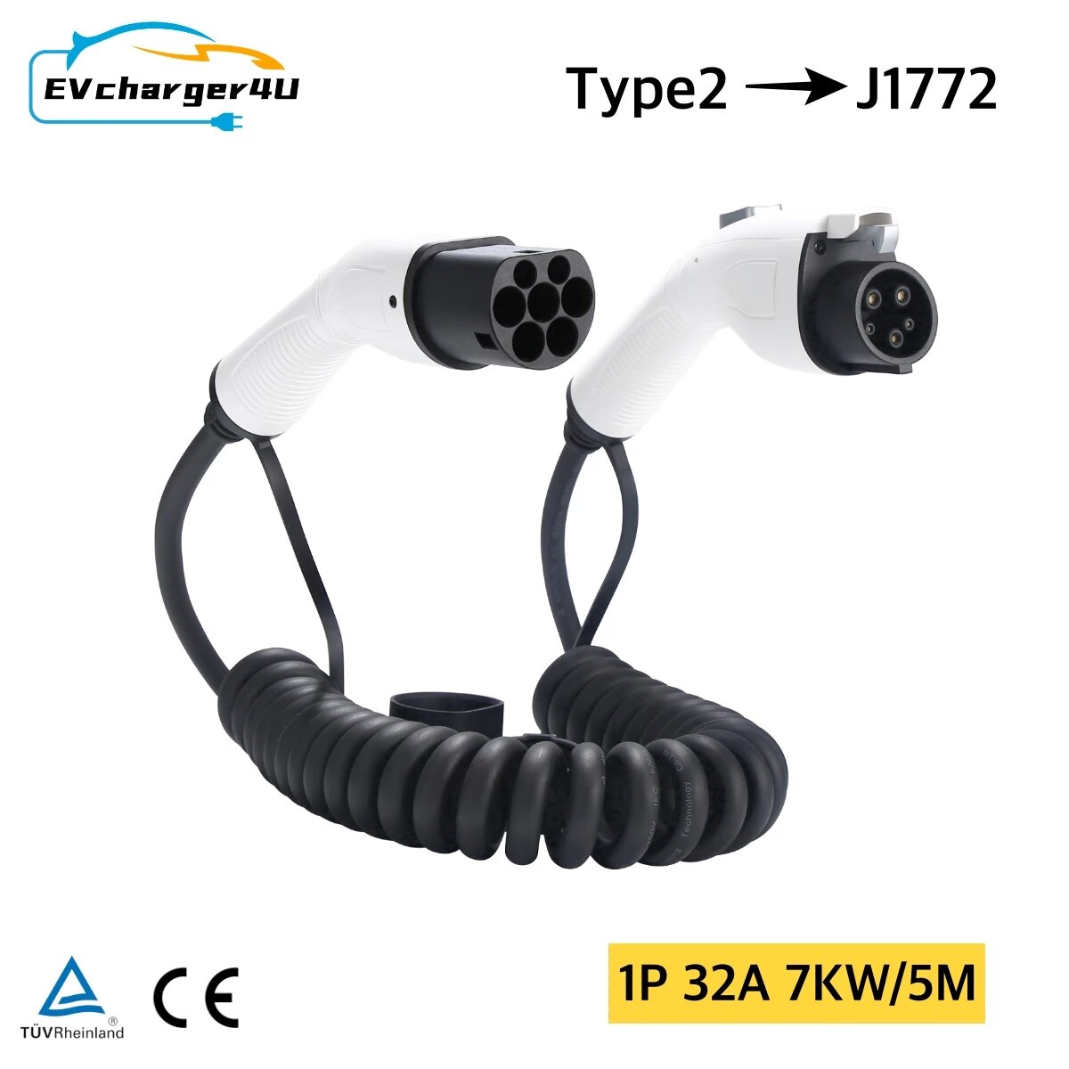 EVcharger4U IEC62196 Тип 2–J1772 Тип 1 Спиральный кабель для зарядки электромобилей 1 фаза 32 А 7 кВт Скручиваемый от Type2 до Type1 для электрической Vechile 1P 32A 7KW