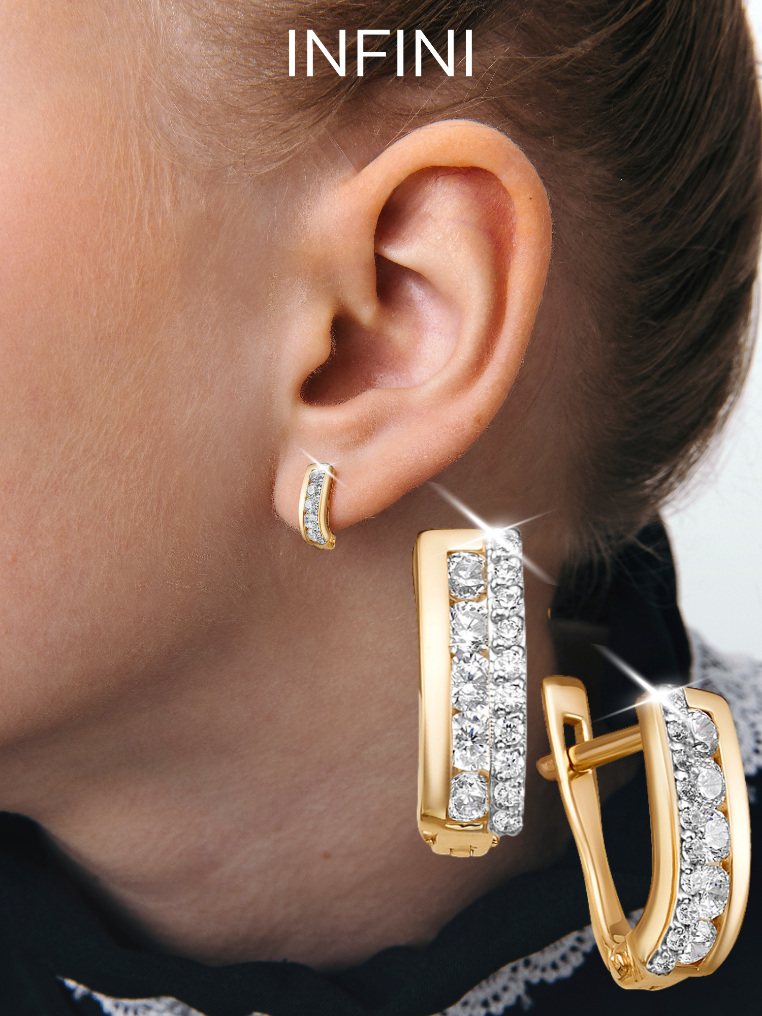 Серьги двусторонние, красное золото, 585 проба, фианит