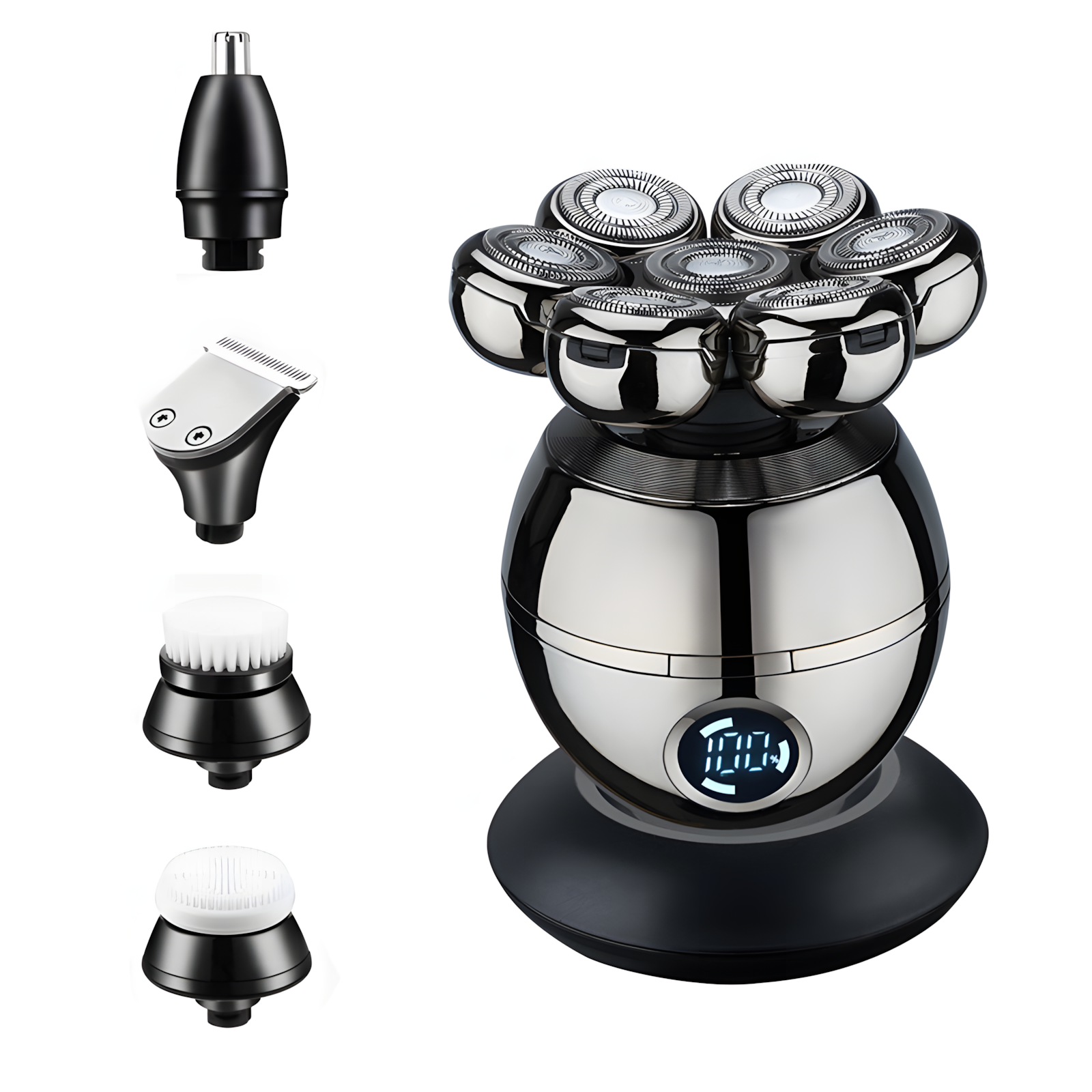 Электрическая бритва RQ8870 с 7 лезвиями + насадки для носа и стрижки + щетка для лица + массажная насадка, серебристый