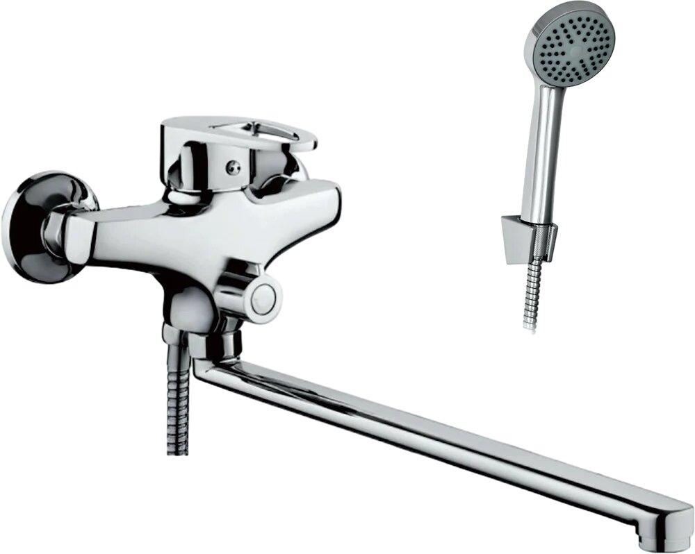 Смеситель с длинным изливом для ванны D-lin 452-6 D147452-6 с душевым гарнитуром, поворотный, металлический, хром, глянцевый, смеситель для ванны с душем, рычажный, с настенным держателем