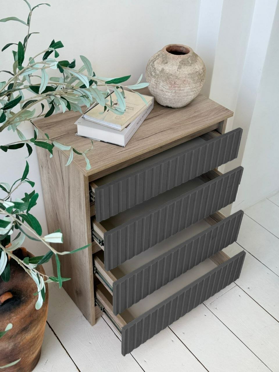 Комод №1 узкий универсальный 4 ящика (60,4х33х78 см), Дуб крафт серый/МДФ Грей софт, шариковые направляющие