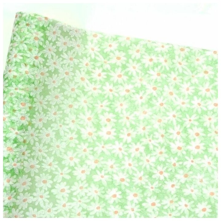 Фетр флористический в рулоне с рисунком "Ромашки" зеленый, 50см*9м, для упаковки цветов и подарков