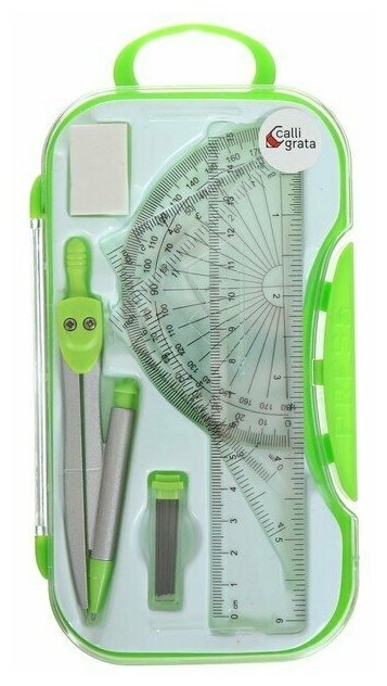 Готовальня 7 предметов (циркуль, грифели, ластик, линейка-15 см, 2 угольника, траспортир), в пластиковом пенале