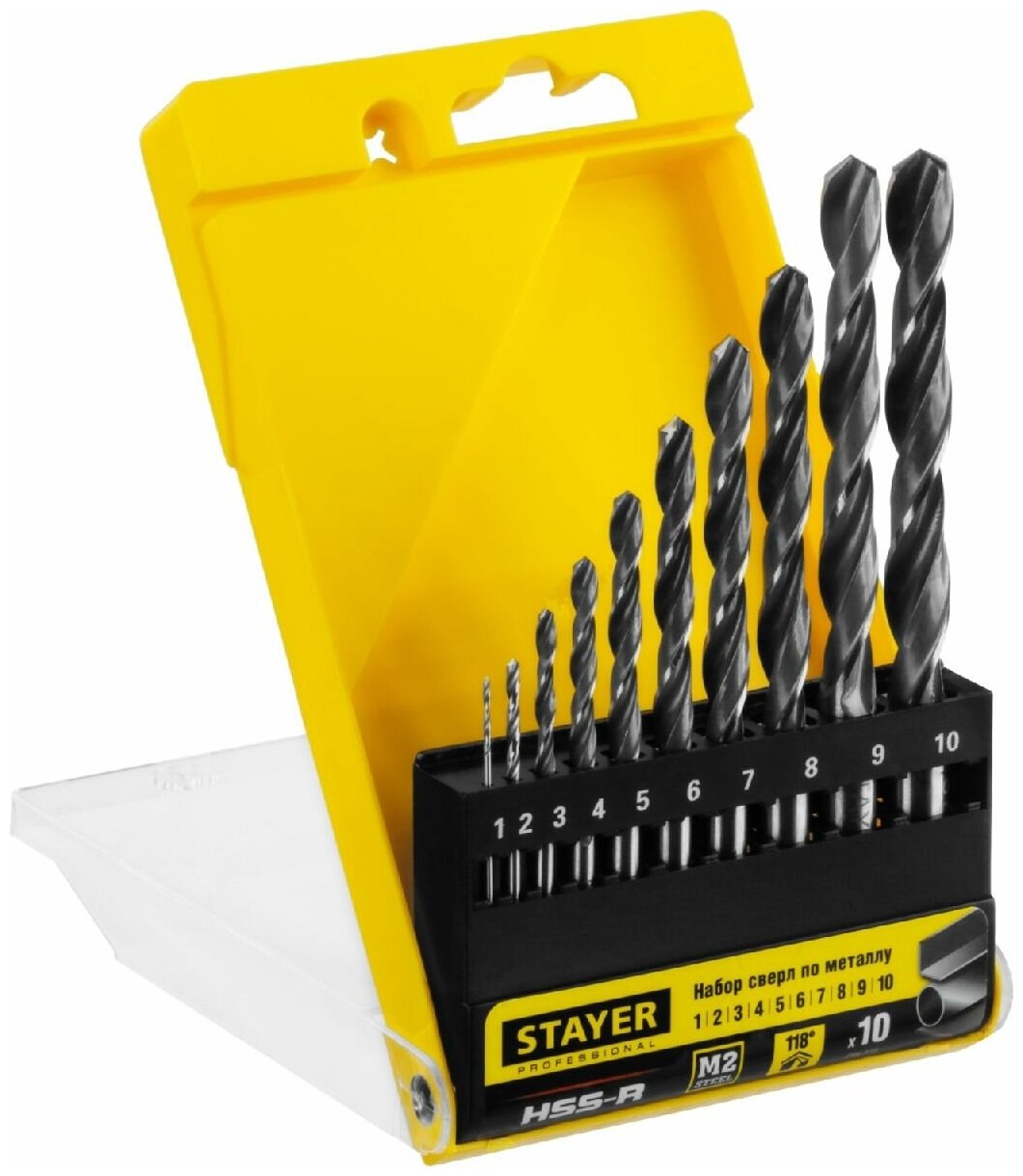 STAYER PROFI 10шт(1-10мм), Набор сверл по металлу, быстрорежущая сталь М2(S6-5-2), класс В, , Серия Professional (29602-H10_z01)