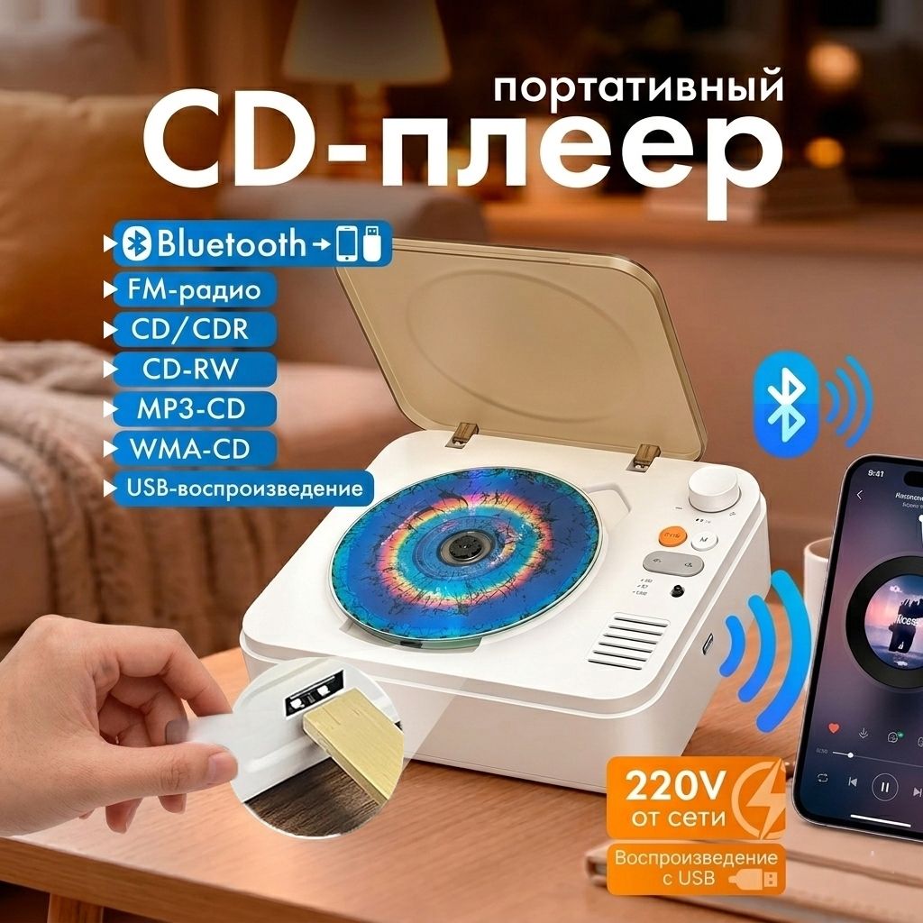 Портативный CD - плеер с поддержкой CD, USB, MP3, Bluetooth