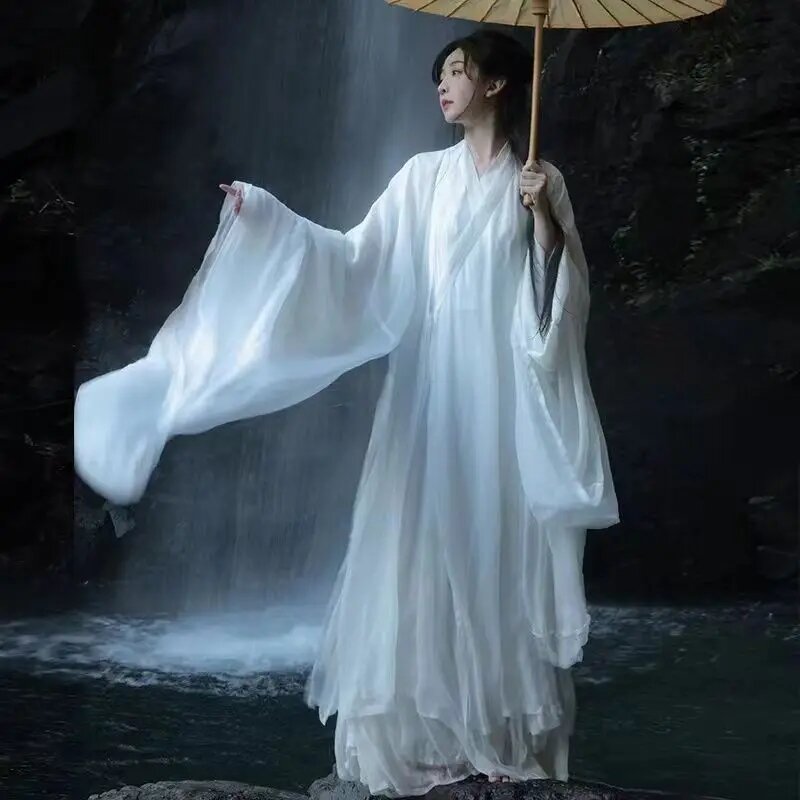 Женский ханьфу белый, костюм для танца, L, dress and coat 02