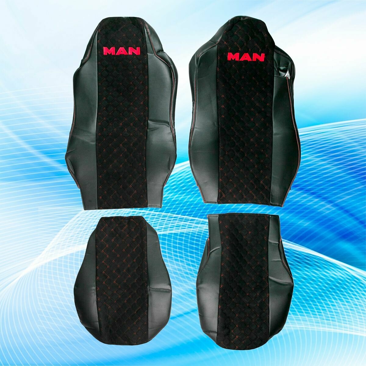 Чехлы на сиденья для MAN TGA/TGM/TGL/TGS/TGX 1 ремень. (Экокожа / алькантара) Сделано в России. Черные. Красная строчка. (комплект) (26884)