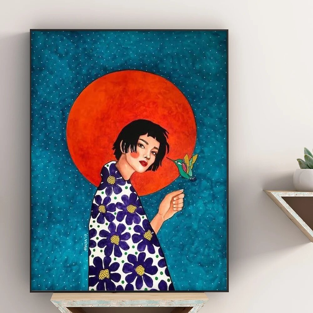 Картина на холсте "Девушка и колибри", 30x40см, без рамы