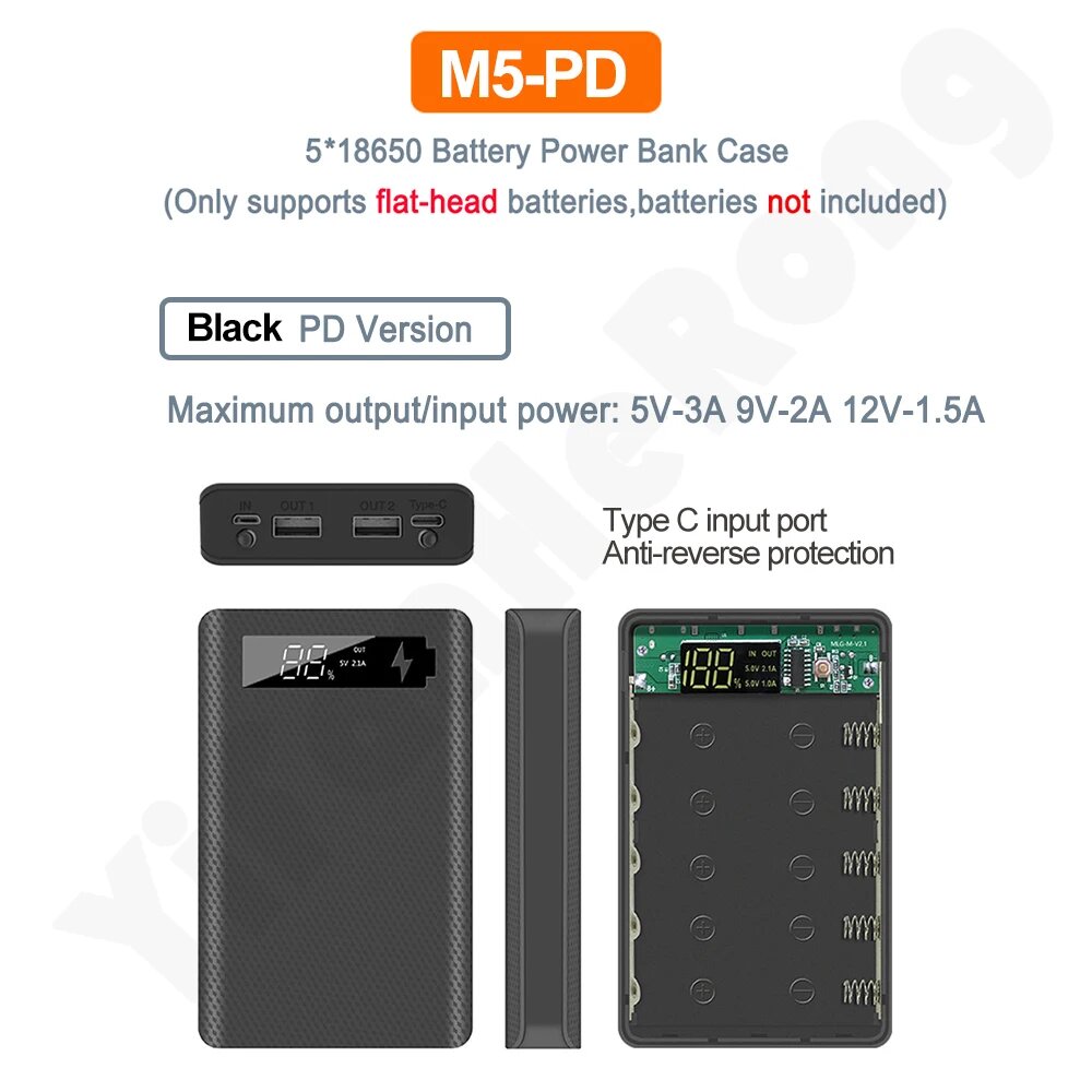 Power Bank Case 5*18650 DIY, Черный PD