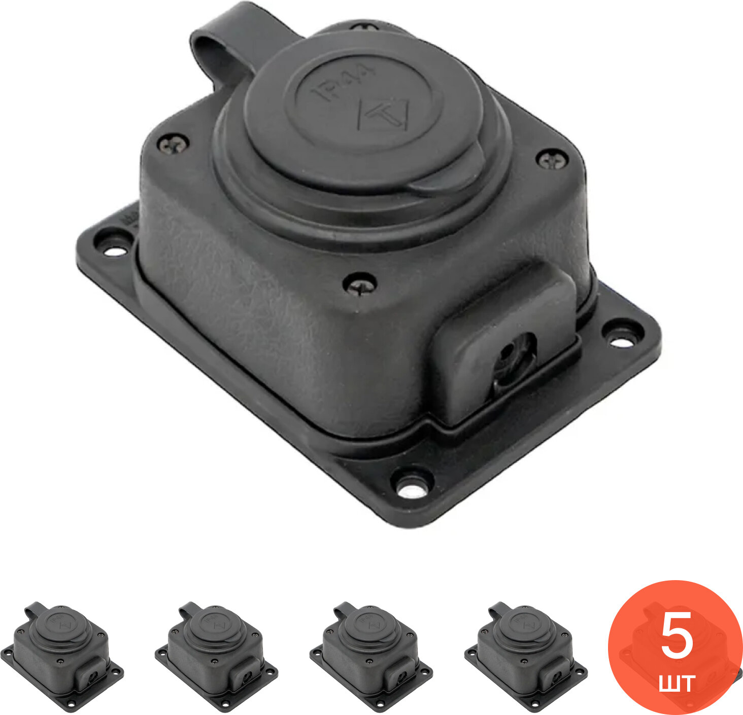 Розетка силовая EKF / ЕКФ PRO настенная в корпусе из каучука, черная, с защитной крышкой, длиной 68мм, 2P+PE, 16А 230В, IP44 / электрика (комплект из 5 шт)