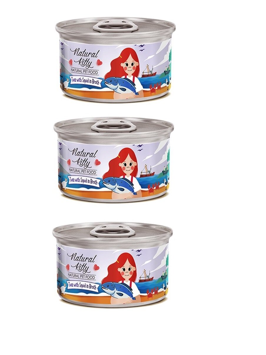 Консервы для кошек Pettric Natural Kitty Тунец с кальмаром в бульоне Tuna with squid in broth 80 гр*12 шт