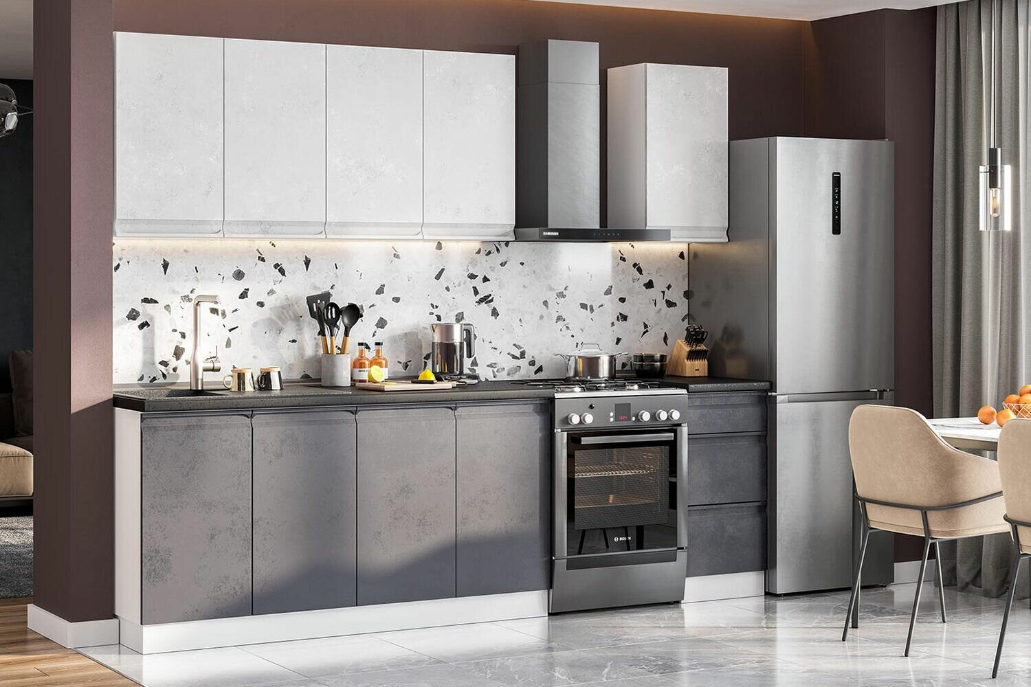 Кухонный гарнитур Вельвет 2.0 м (без столешницы), Белый, Бетон графит