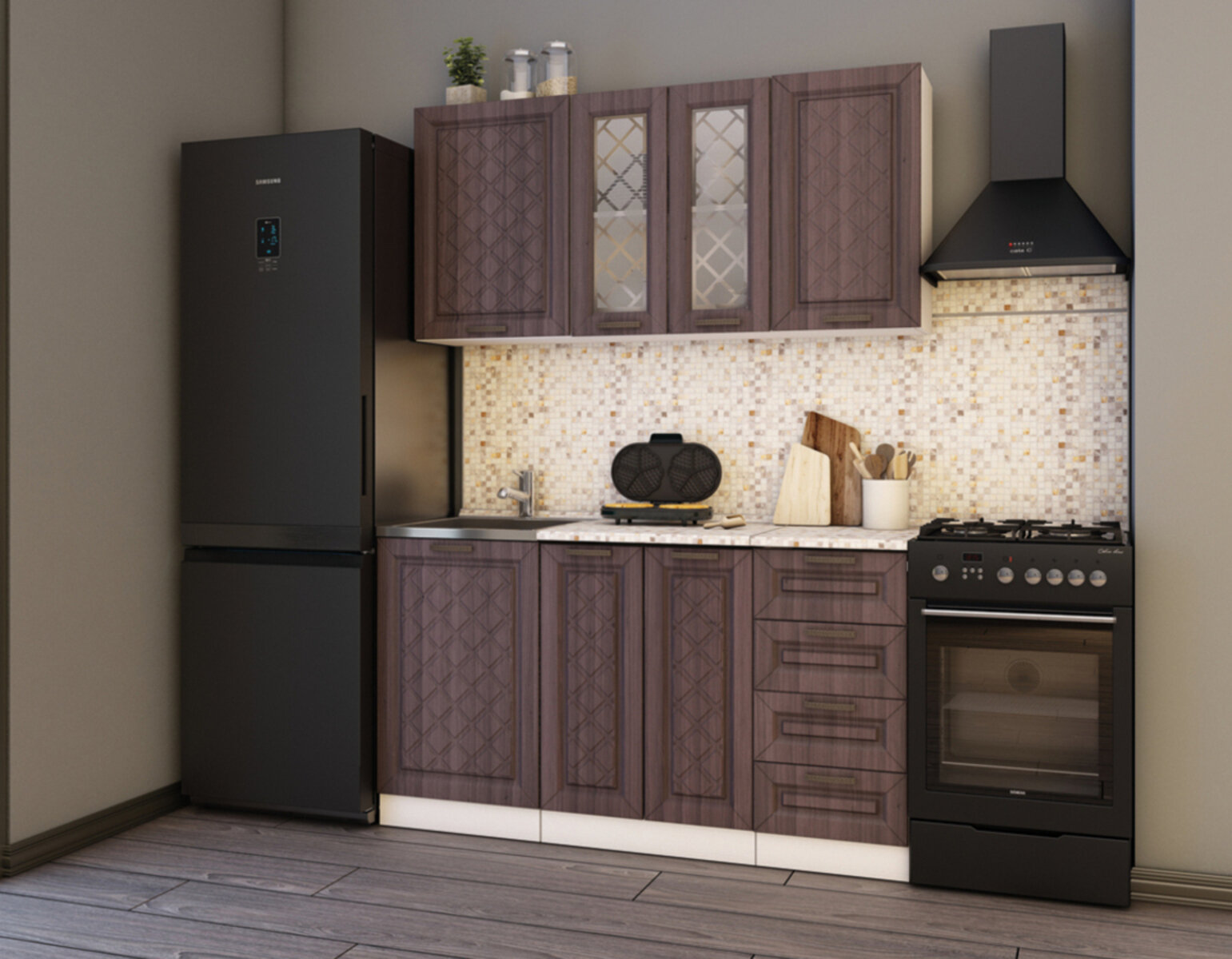 Кухонный гарнитур, кухня, готовый комплект Агава 1,5 м Лиственница тёмная