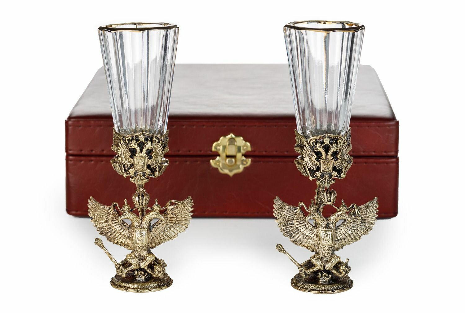 Набор хрустальных рюмок лафитников герб России в подарочной коробке из кож. зама. Ручная работа России.