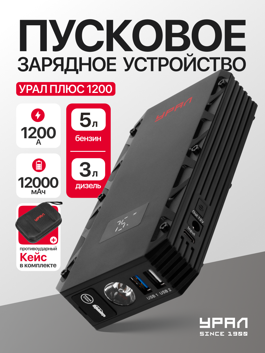 Пуско-зарядное устройство Урал "Плюс 1200", для авто, с фонарем, 12В, 600А