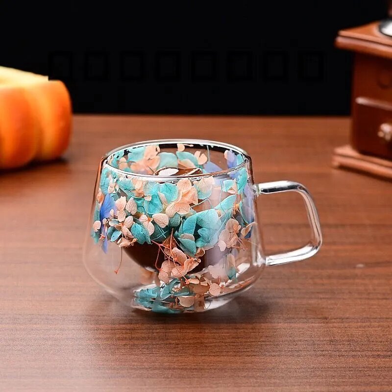 Кружка из термостойкого стекла с настоящими цветами, 250 мл, 1 шт