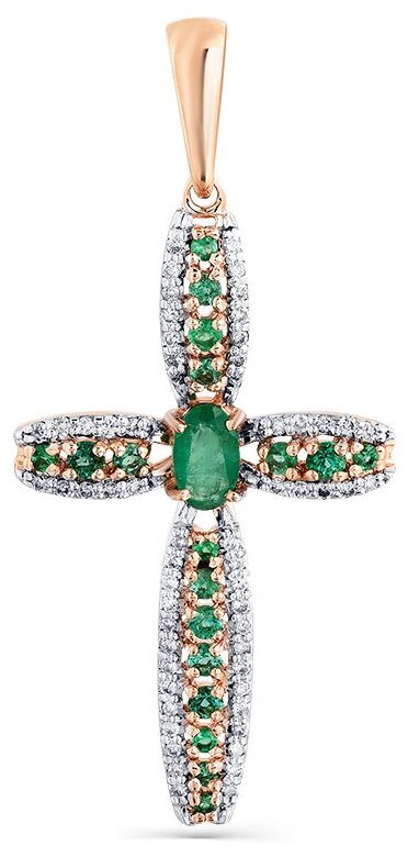 Крестик, белое золото, 585 проба, изумруд, бриллиант