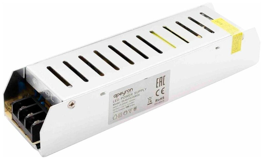 Блок питания слим-металл Apeyron 12В, 100 Вт, IP20, 8,3 А, 185х40х32 мм 03-49