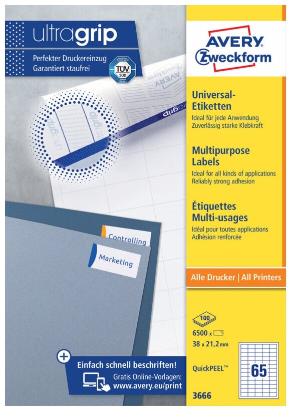 Этикетки Avery Zweckform 3666 A4 21.2мм 65шт на листе/70г/м2/100л./белый матовое самоклей. универсал