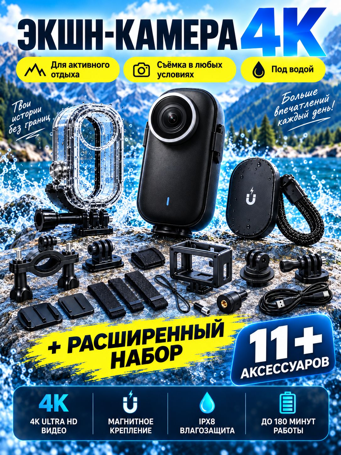 Экшн камера 4К UHD, Водонепроницаемая магнитная черная