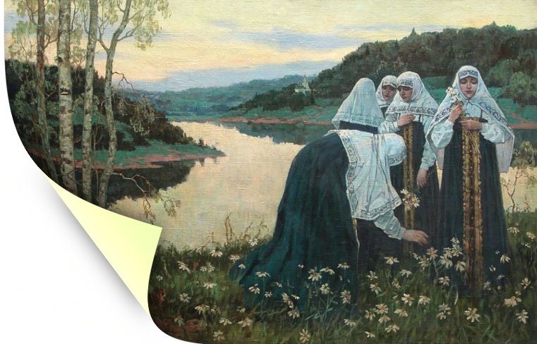 "Девушки на берегу реки", Нестеров Михаил Васильевич, картина (репродукция) (40х26 см / без подрамника)