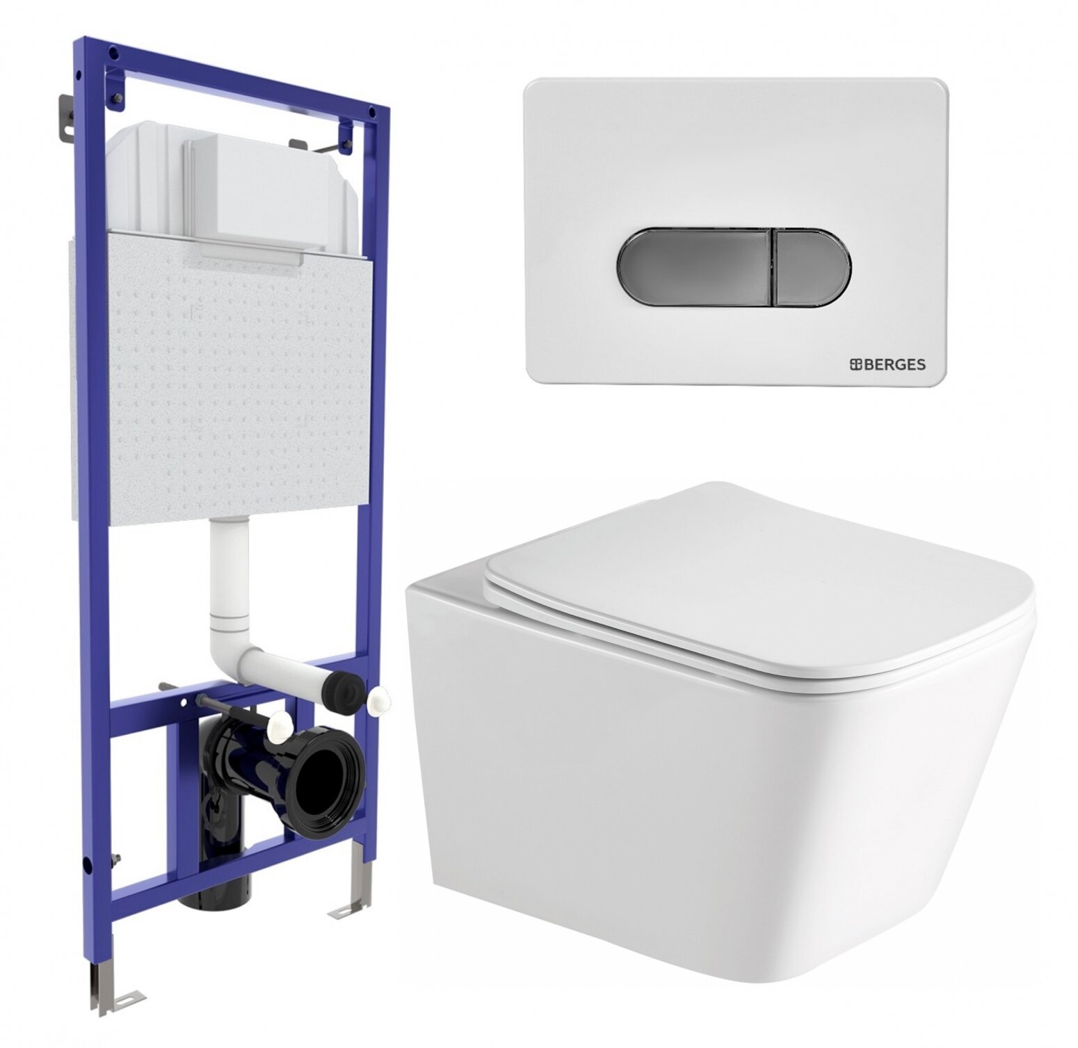 Комплект 3 в 1 инсталляция Berges Wasserhaus Novum D7 + Унитаз подвесной SantiLine SL-5007 + кнопка хром