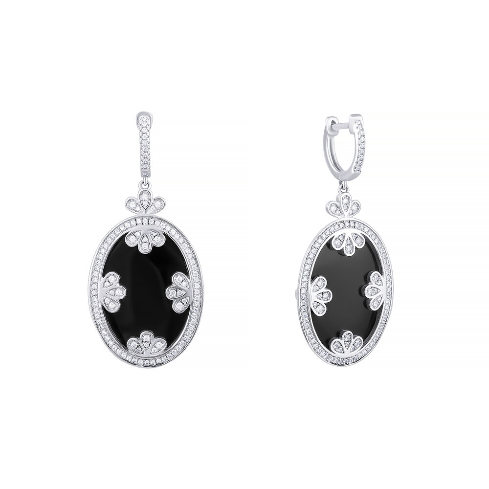 Серьги, серебро, 925 проба, фианит, оникс