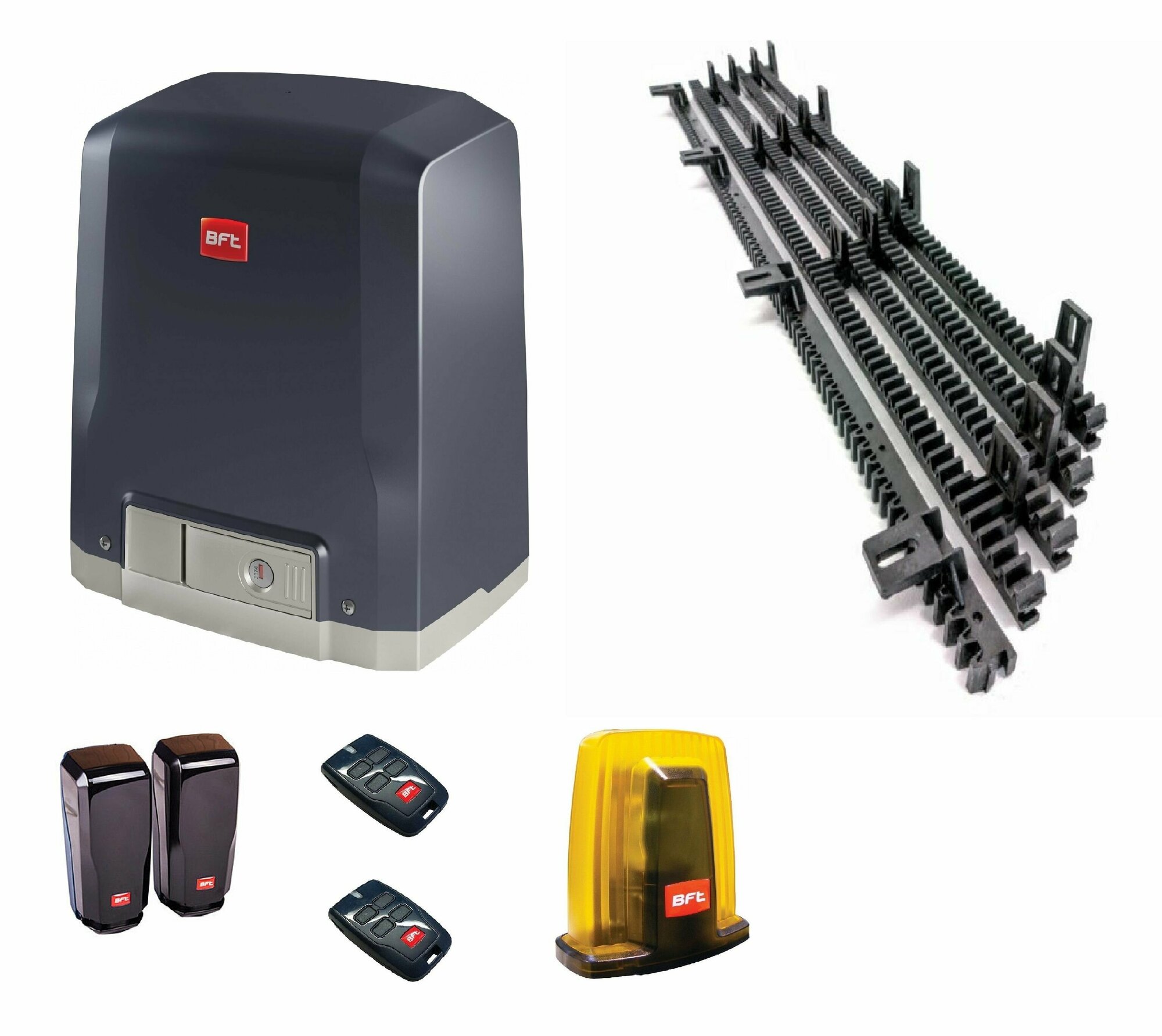 Автоматика для откатных ворот BFT Deimos BT A600 kit, комплект: привод, 2 пульта, лампа светодиодная, фотоэлементы, 5 зубчатых реек