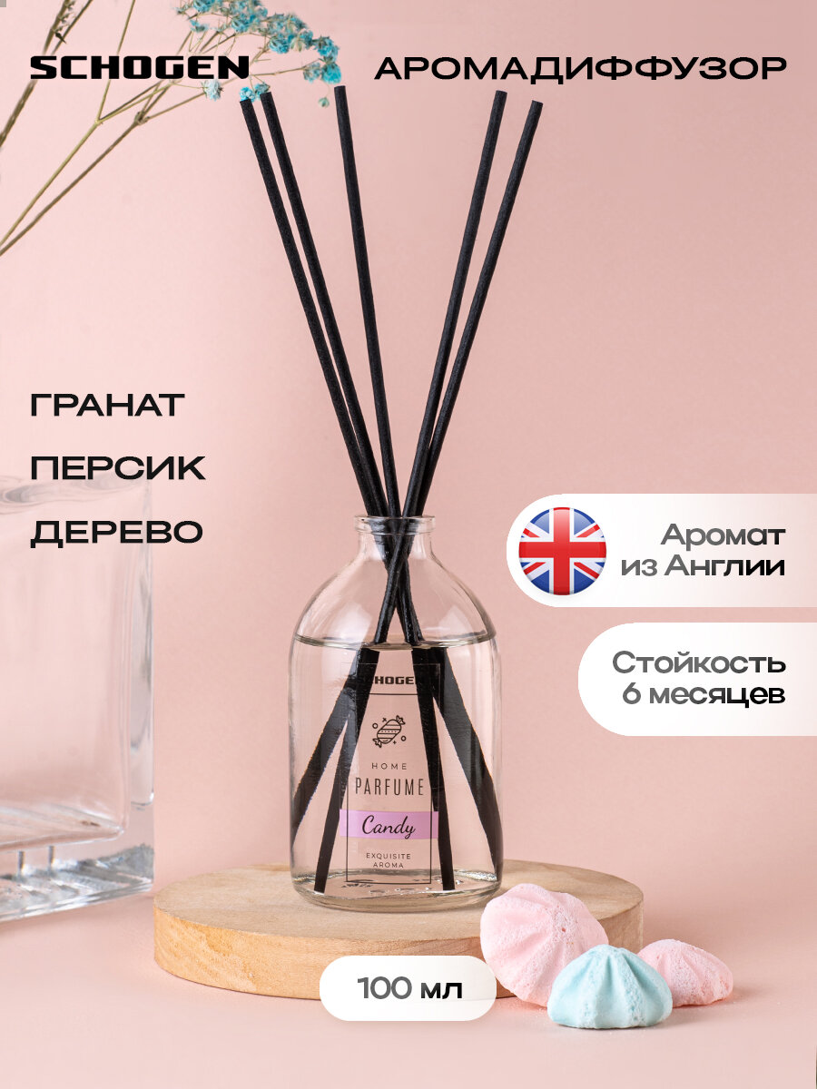 Аромадиффузор SCHOGEN Candy, с палочками, аромат гранат/персик/дерево, 100 мл