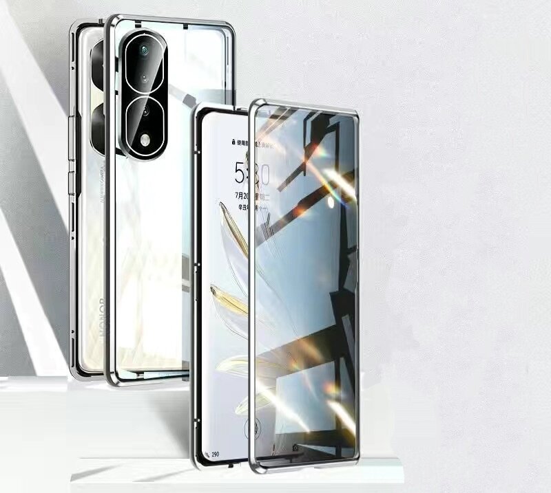 Магнитный чехол бампер MyPads для Honor 90 из закаленного стекла и металла, с двухсторонней прозрачной крышкой, металлический, защитный, противоуда.