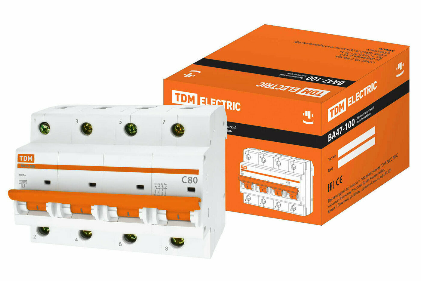 Автоматический выключатель ВА47-100 4Р 80А 10 кА тип С TDM Electric