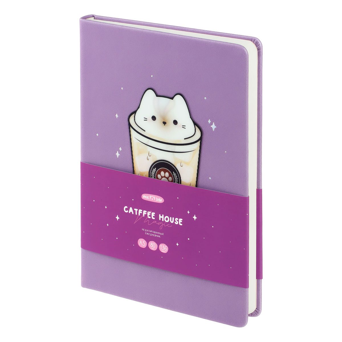 Ежедневник недатированный, А5, 136л, кожзам, MESHU "Magic. Catffee house", тон. блок, аппликация с анимированным изображением, закладка-ляссе