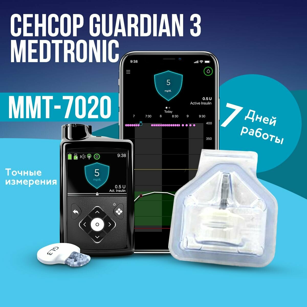 Датчик глюкозы Medtronic Guardian 3 ММТ-7020 без прокола пальца, 1 шт.