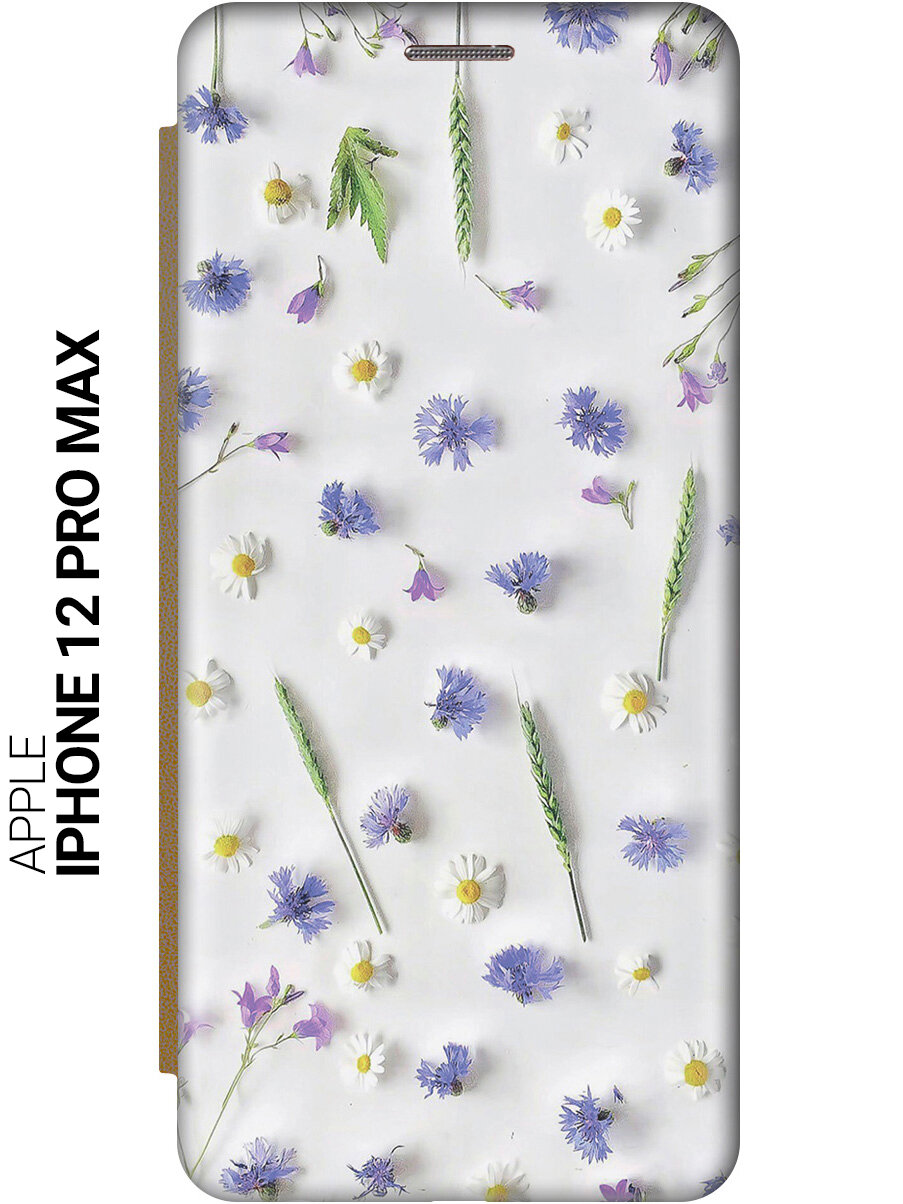 Чехол-книжка на Apple iPhone 12 Pro Max / Эпл Айфон 12 Про Макс с рисунком "Ромашки и колоски" черный